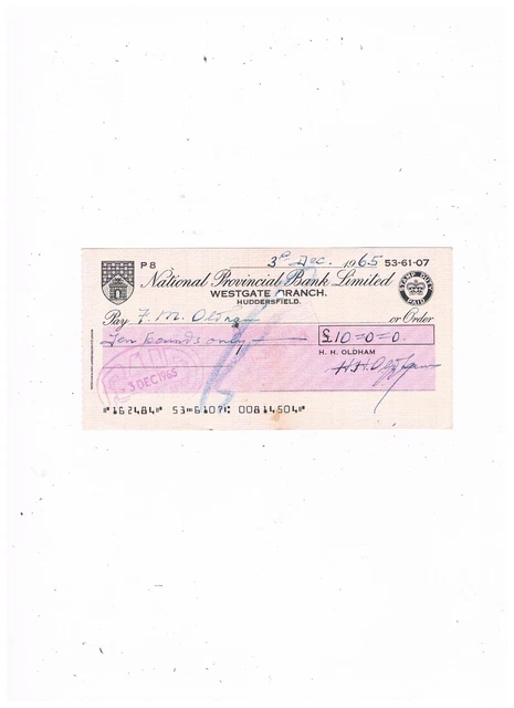 NATIONAL PROVINCIAL BANK, Huddersfield, 1965 Cheque £2.50 - PicClick UK