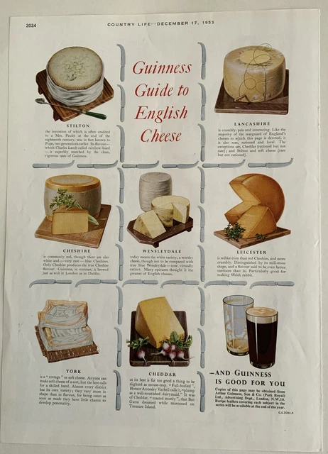 GUINNESS GUIDE TO English Cheese Original Vintage Paper Advert December ...