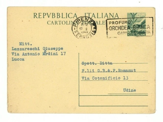 1949 REPUBBLICA ITALIANA- Cartolina Postale Lire 12 con Targhetta ...
