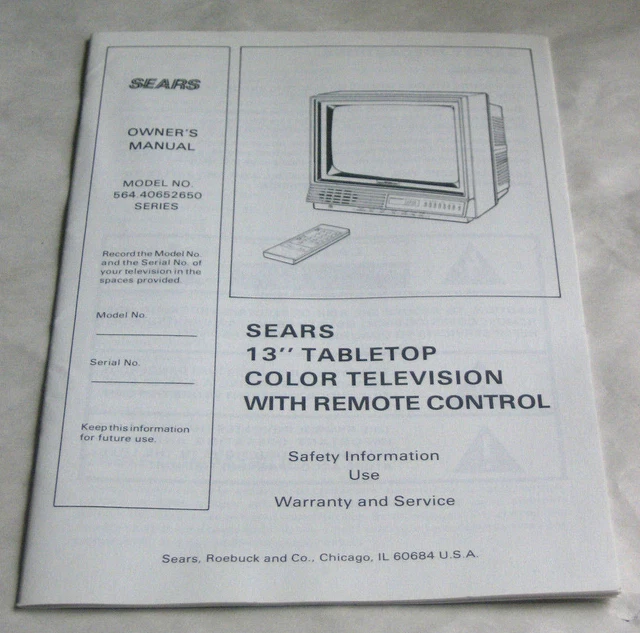1986 SEARS MODÈLE 564.40652650 13 " dessus de Table Couleur TV Owners ...