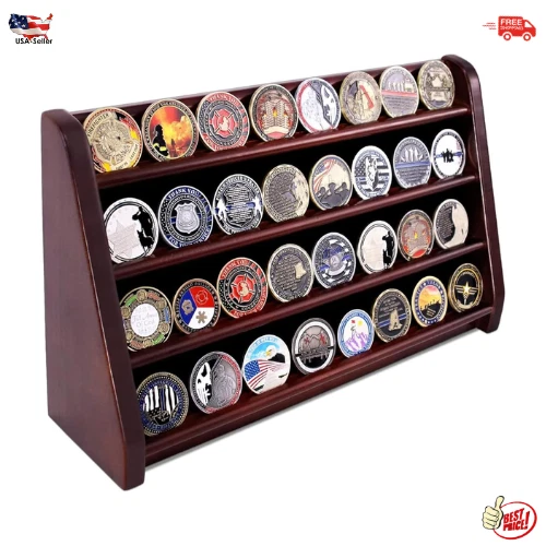 MILITARY WOODEN CHALLENGE Coin Display Case with 4 Rows Wall Mount ...