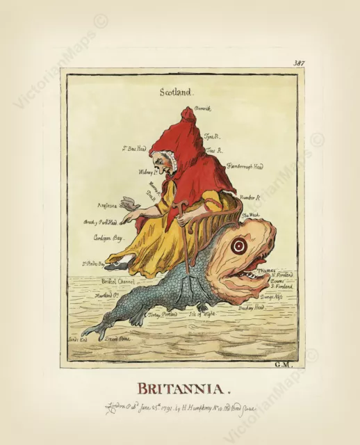 BRITANNIA BRITAIN HUMOROUS satirical map England Wales J. Gillray 1791 ...