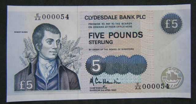 RARE CLYDESDALE BANK Plc £5 Five Pound Note 2 April 1990 E/AA 000054 ...