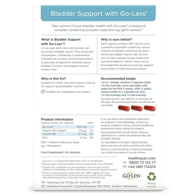 HEALTHSPAN BLADDER SUPPORT with Go-Less 60 Capsules for Urinary ...