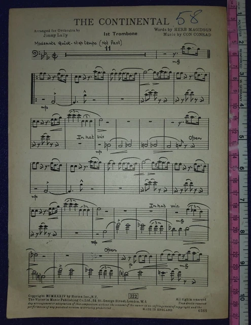VINTAGE 'THE CONTINENTAL' Sheet Music For 1st Trombone. Ref00079 £10.75 ...