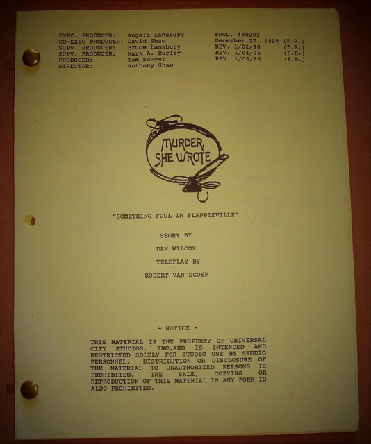 MURDER SHE WROTE Original Script ANGELA LANSBURY SOMETHING FOUL IN ...
