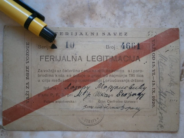 1926 KINGDOM YUGOSLAVIA ID CARD PASS TICKET RAILWAYS steamship RAILS ...