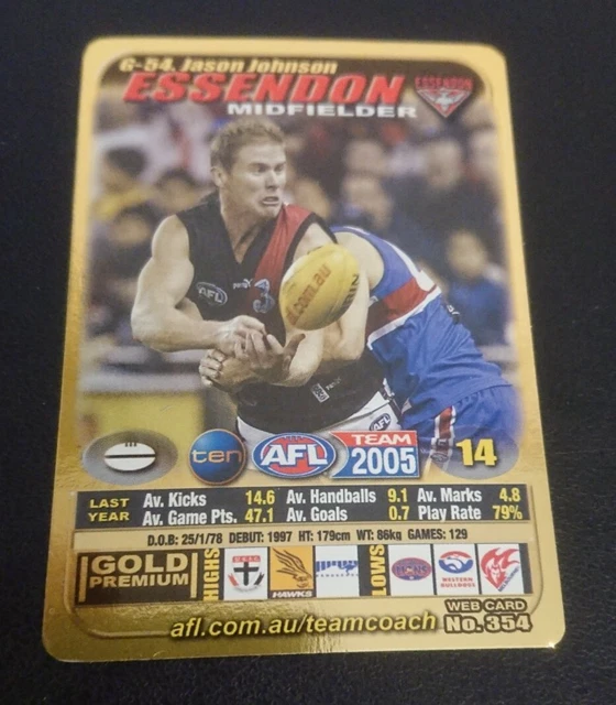 2005 AFL TEAMCOACH Essendon Jason Johnson Gold Card G-54, $9.99 ...