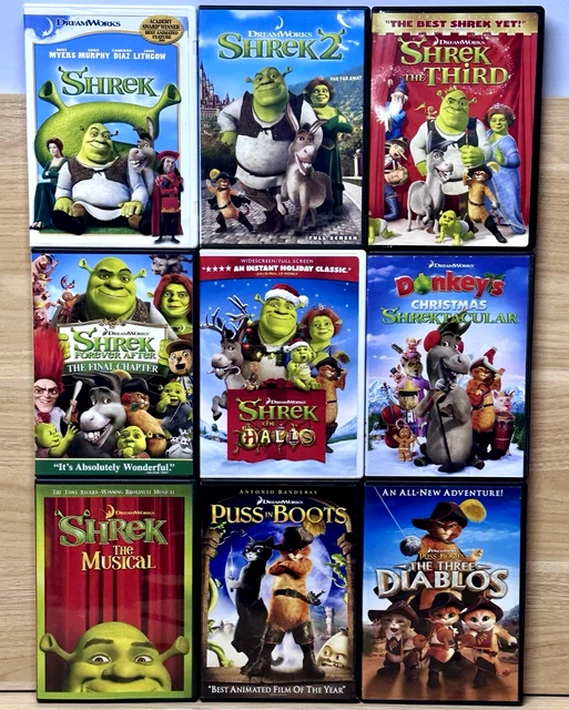 SHREK DVD LOT Shrek 1, 2, 3, 4, Musical, Puss in Boots, Three Diablos ...