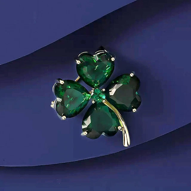 LUCKY GRASS BROOCH Four-leaf Clover Vintage Emerald Color Brooch Pin ...