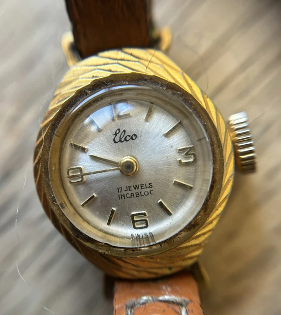 VINTAGE LADIES ELCO 17 Jewels Incabloc Swiss Watch - Leather Strap, Gold Colour £14.99 - PicClick UK