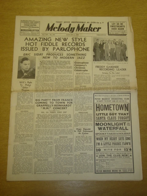 MELODY MAKER 1938 Jan 1 Eric Siday Freddy Gardner Hugo Rignold Big Band ...