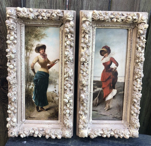 ANTIQUE PAIR OF Victorian Dutch ladies oil paintings deep frame signed ...