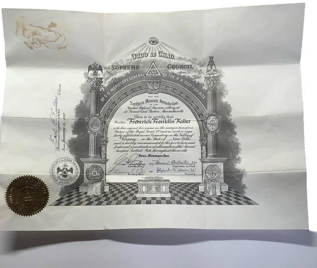 VTG MASONIC 32ND Degree Scottish Rite Certificate Seal & Signed Boston ...