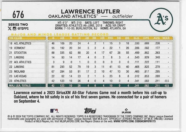 CARTA ROOKIE 2024 Lawrence Butler Topps Series 2 RC Oakland Athletics ...