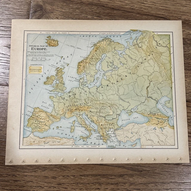 ANTIQUE 1916 MULTICOLORED Physical Map Of Europe 12”x10” £15.69 ...
