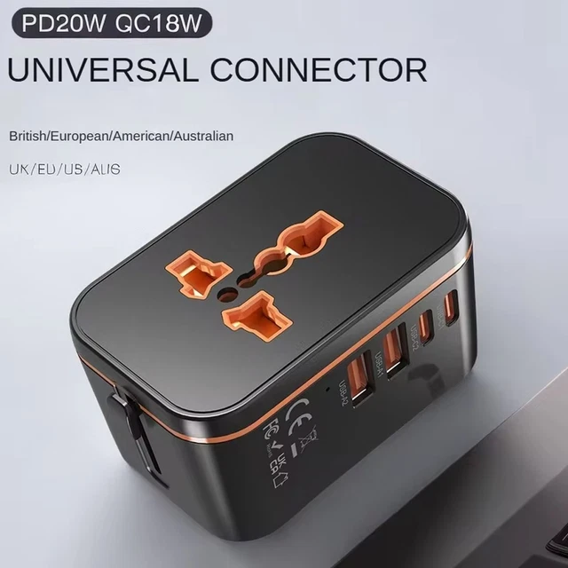 UNIVERSAL TRAVEL ADAPTER Worldwide Plug with 2 USB-A & 2 Type-C Fast ...
