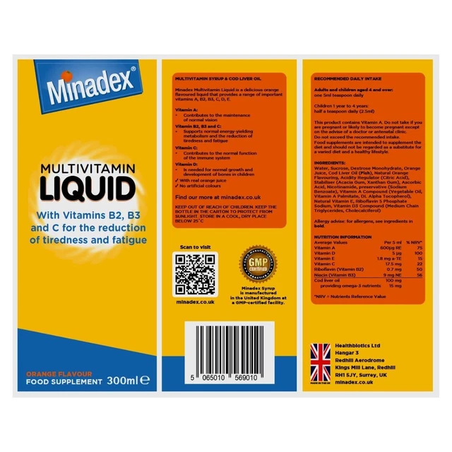 MINADEX MULTIVITAMIN LIQUID 300ml- Vits B2,B3,C That Reduces Tiredness ...