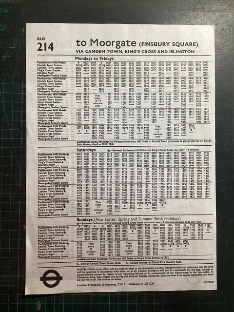 LONDON TRANSPORT BUS Stop Panel Timetable-Route 214 £0.99 - PicClick UK