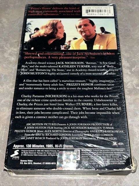 PRIZZIS HONOR (VHS, 1995 1985) Jack Nicholson, Kathleen Turner ...