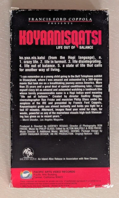 KOYAANISQATSI VHS DOCUMENTARY Pacific Arts Video Reggio Glass Coppola £ ...
