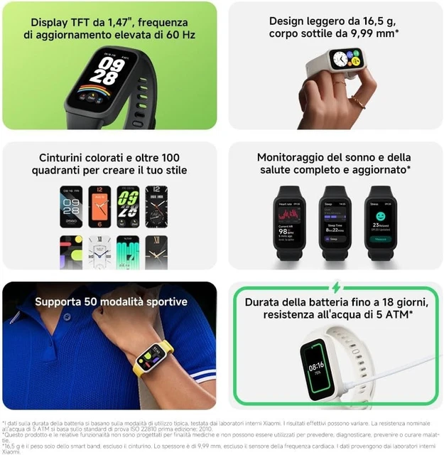 XIAOMI SMART BAND 9 Active Schermo TFT 1.47 Monitoraggio Salute SpO2 ...