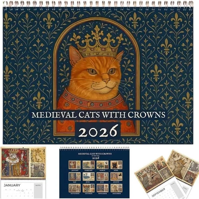 MEDIEVAL CATS WITH Crowns Calendar 2026, Funny Cat Calendar 12 Month ...