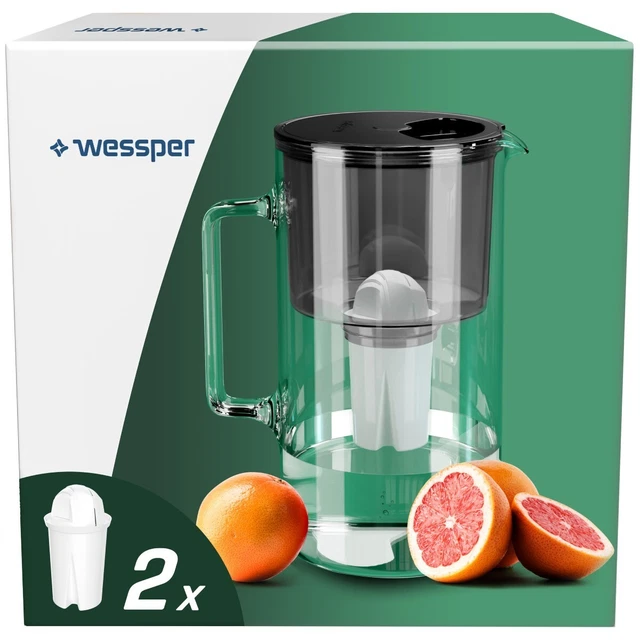 GLAS WASSERFILTER KANNE 2.5 L und 2 Filterkartusche, Reduziert Kalk und ...