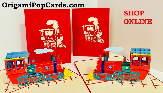 ORIGAMI POP CARDS Cute Red Locomotive Train 3D Pop Up Greeting Birthday ...