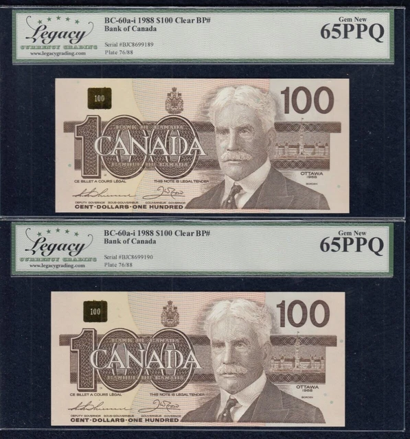 1988 BANK OF Canada $100 Banknote -BC60a-i- Legacy Gem New UNC65PPQ 2 ...