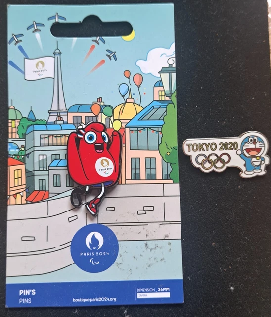 2 PIN PARIS 2024 national olympic mascots PHRYGE jumping + DORAEMON ...
