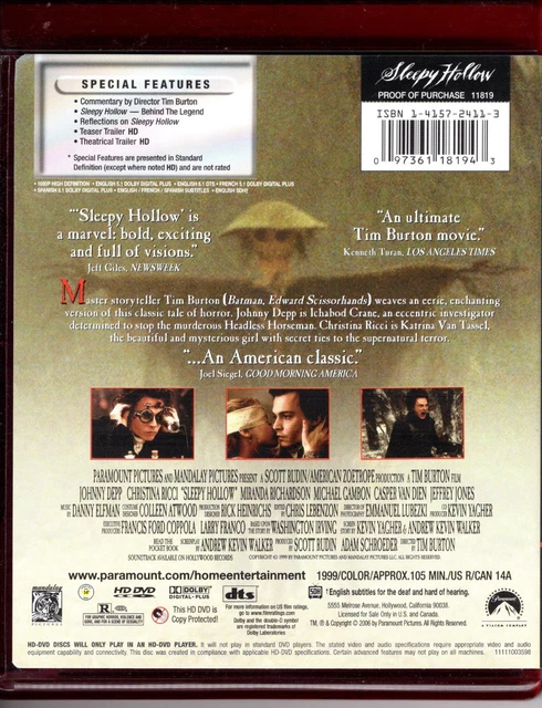 SLEEPY HOLLOW HD DVD Tim Burton, Johnny Depp, Christina Ricci $8.00 ...