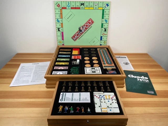 MONOPOLY & CLUEDO Board Games Compendium Table Top Wooden Cabinet Chess ...