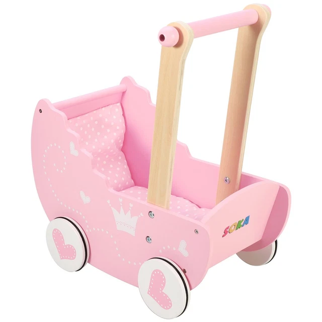 WOODEN PUSH ALONG Pink Princess Doll Pram for Boys and Girls £52.99 ...
