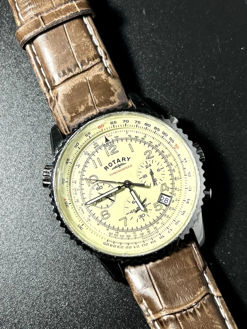 ROTARY MEN'S CHRONOGRAPH Chronospeed Cream Dial Watch Leather Strap ...