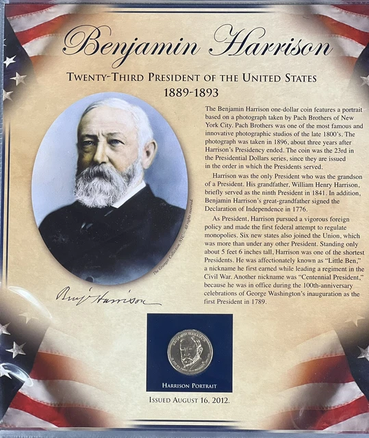 BENJAMIN HARRISON INFORMATION Card W/Uncirculated Dollar Coin And 2 ...