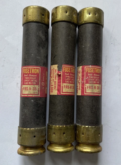 LOT OF 3 Buss Fusetron FRS-R-35 Time Delay Fuses Fuse 35A 600VAC Class ...