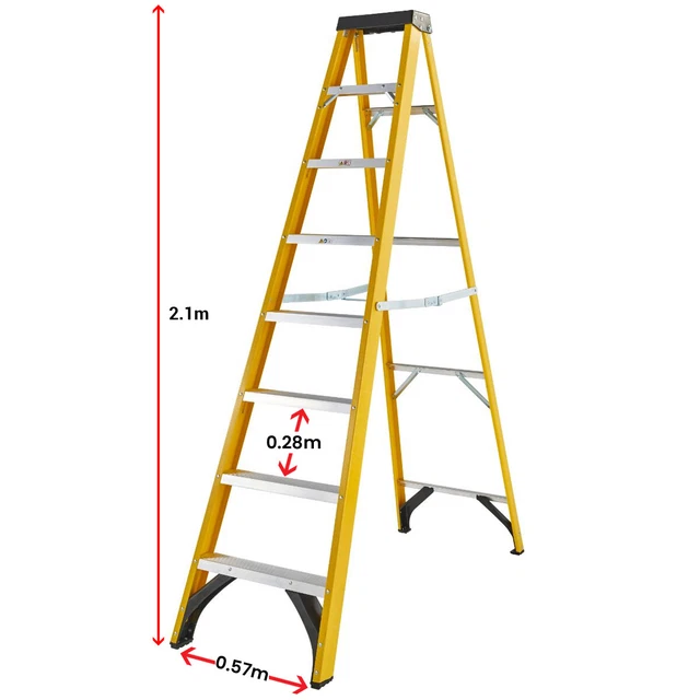 EXCEL ELECTRICIANS FIBREGLASS Step Ladder 7 Tread 2.1M 150kg Heavy Duty ...