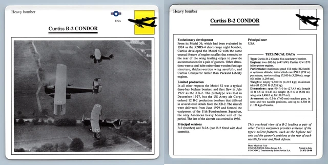 CURTISS B-2 CONDOR - Heavy Bomber - Warplanes Collectors Club Card £1. ...