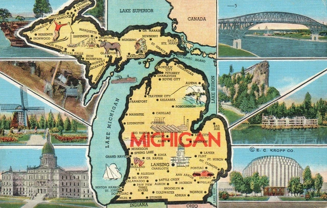 1950'S VINTAGE E.C. KROPP MULTIVIEWS MAP of MICHIGAN POSTCARD - UNUSED ...