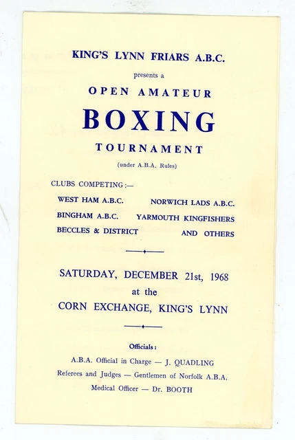 VINTAGE BOXING PROGRAMME Kings Lynn Friars ABC 1968 Corn Exchange #91 £ ...
