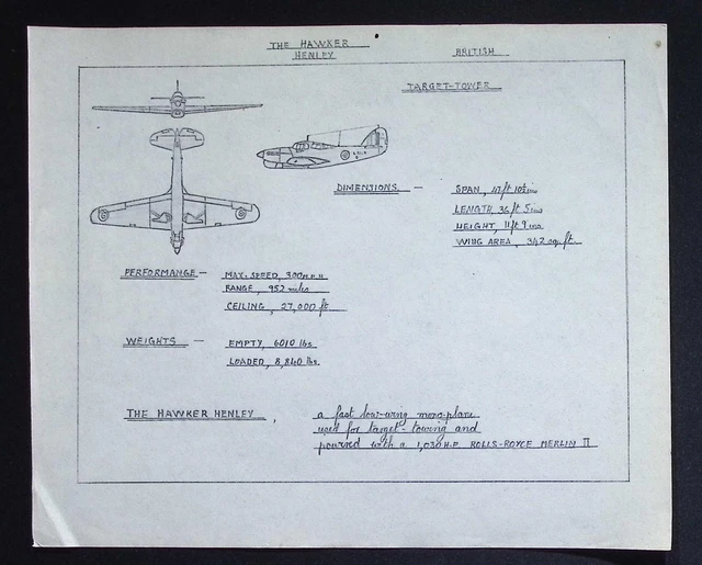 ORIGINAL WWII HAWKER Henley Recognition Drawing – British Target-Tower ...