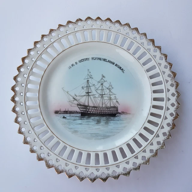 ANTIQUE VICTORIAN CERAMIC ribbon plate HMS Victory ship British Navy ...
