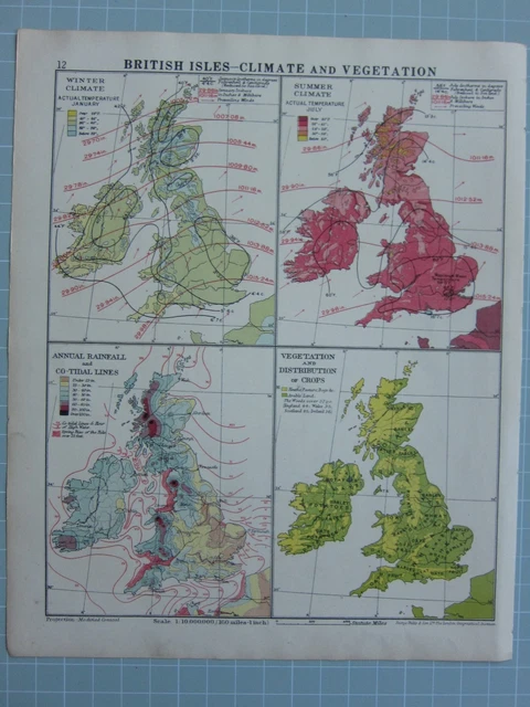 1933 MAP BRITISH Isles Climate & Vegetation Annual Rainfall Crops ...