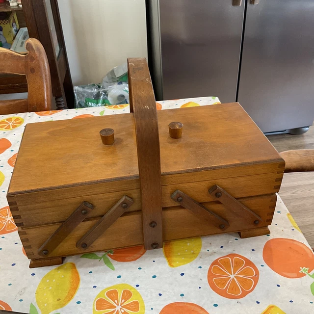 ANTIQUE EXPANDABLE WOODEN Sewing Box With Handle $49.99 - PicClick