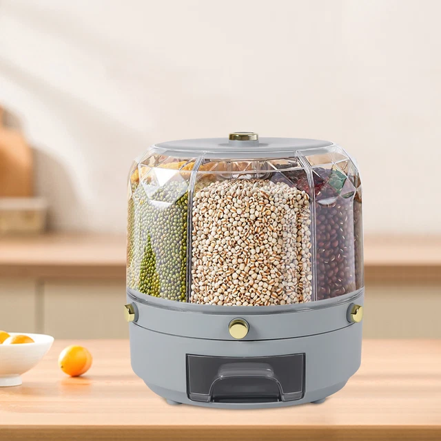 6 GRIDS ROTATING Grain Container Cereal Dispenser 360° Dry Food Rice ...