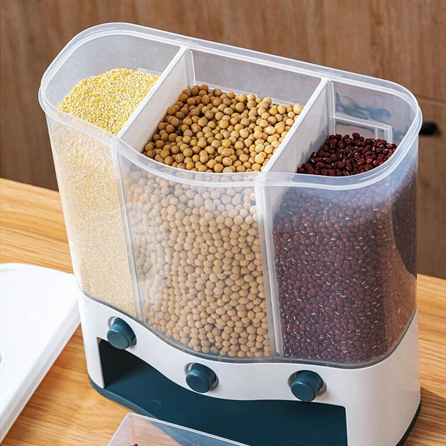 6L CEREAL DISPENSER 3-Grid Kitchen Pantry Rice Grain Dry Food Storage ...