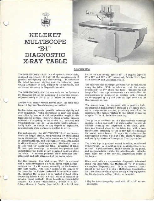 MEDICAL EQUIPMENT BROCHURE - Keleket - E-1 - Diagnostic X-Ray Table ...