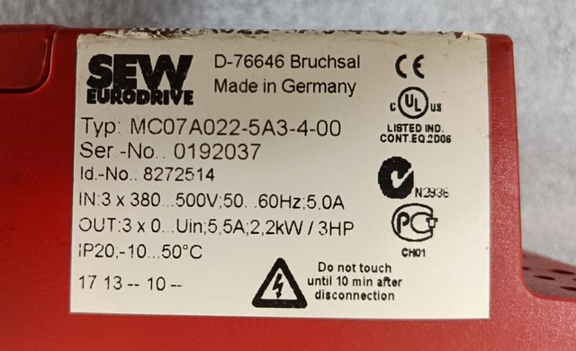 SEW EURODRIVE D-76646 380V 3PH 2,2kW/3HP MC07A022-5A3-4-00 EUR 264,94 ...