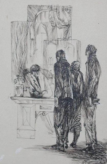 PERSONNAGES DE SCÈNE d'intérieur de dessin à l'encre vintage EUR 69,62 - PicClick FR